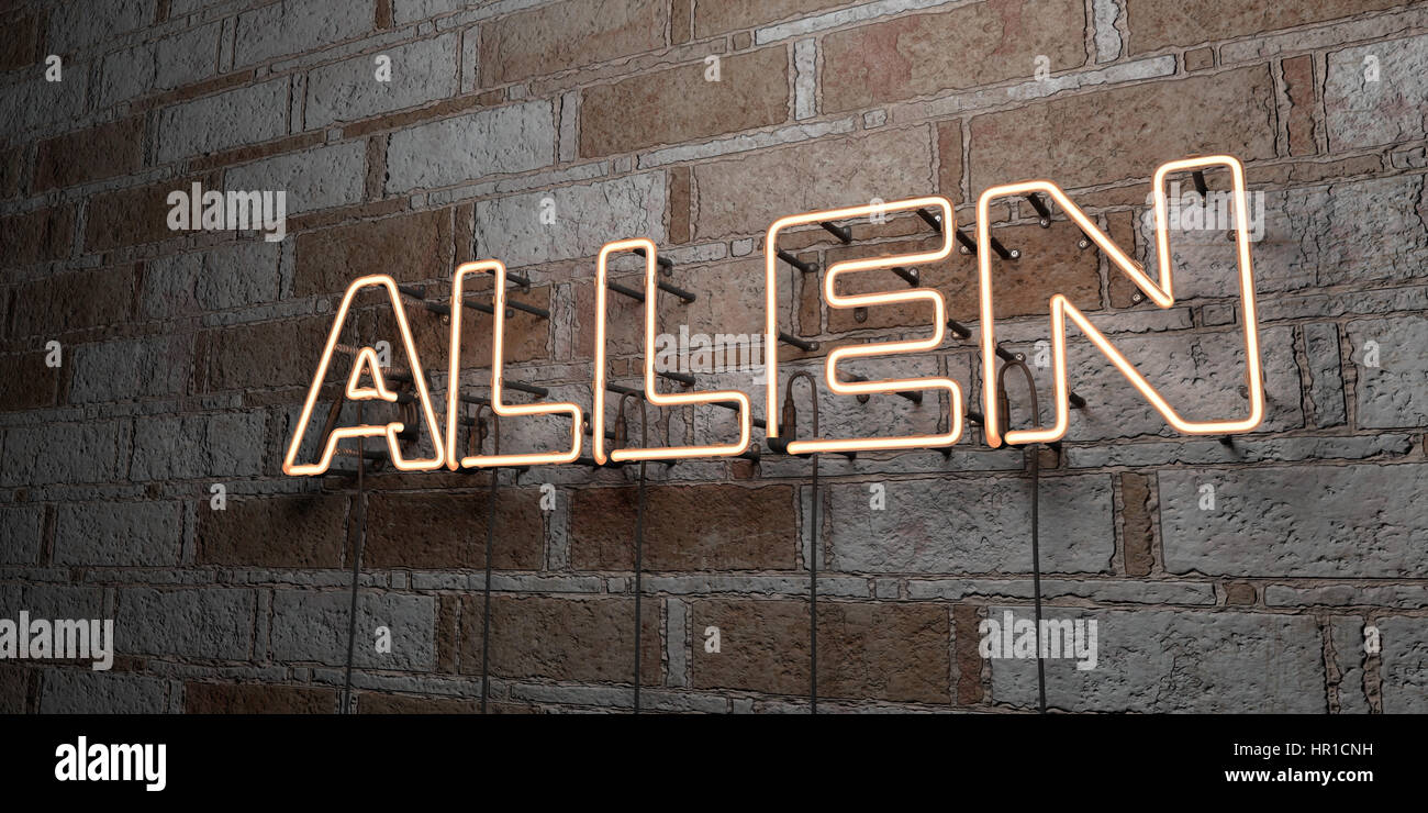 ALLEN - Glowing Neon Sign on stonework wall - 3D rendered royalty free ...
