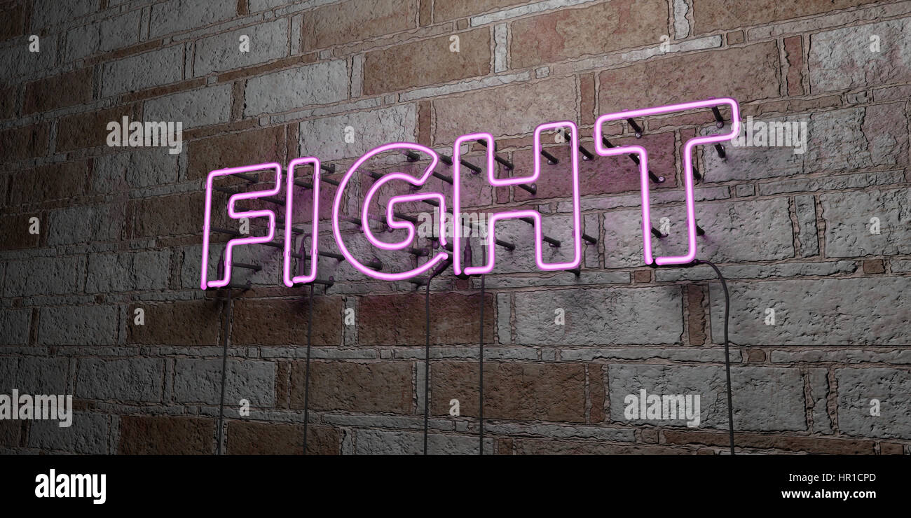 FIGHT - Glowing Neon Sign on stonework wall - 3D rendered royalty free ...