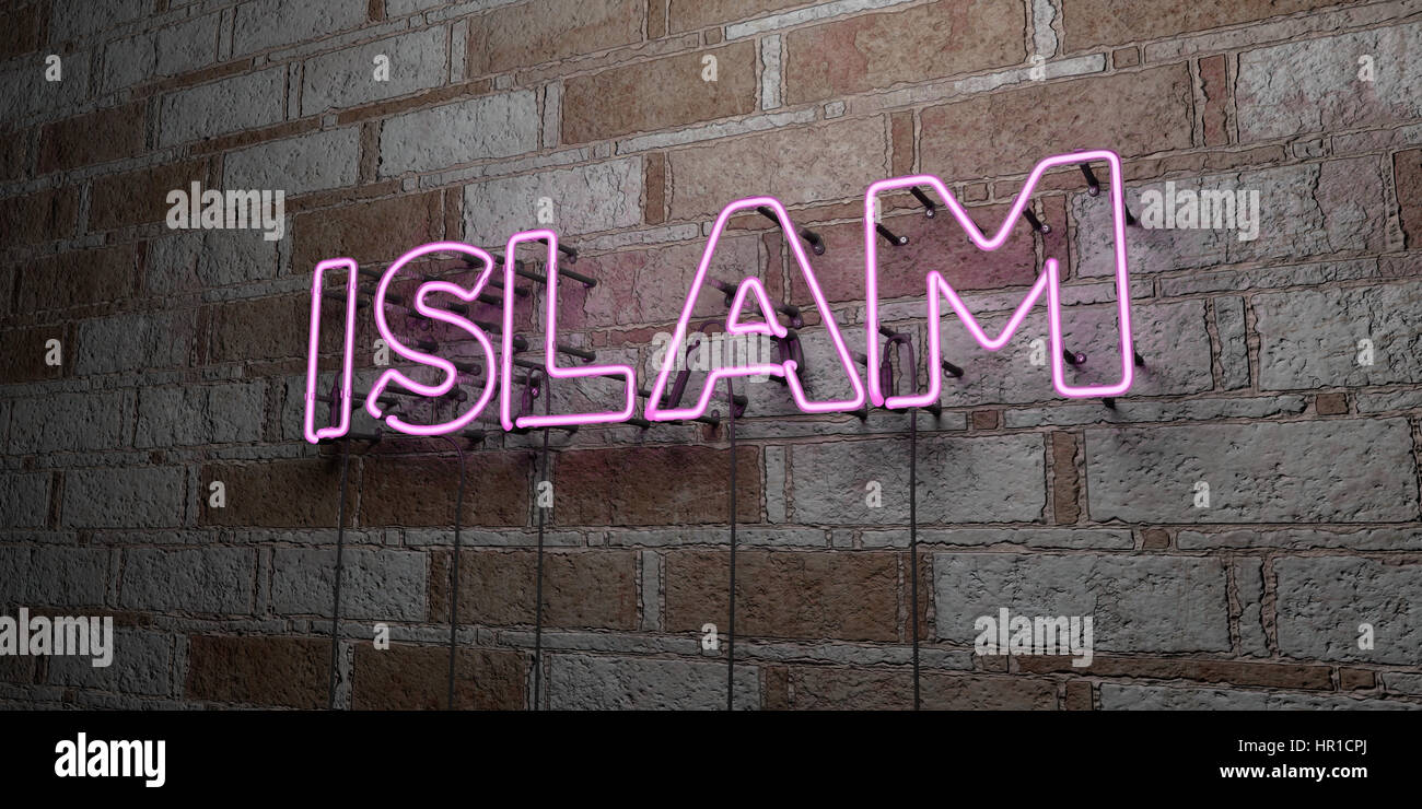 ISLAM - Glowing Neon Sign on stonework wall - 3D rendered royalty free ...
