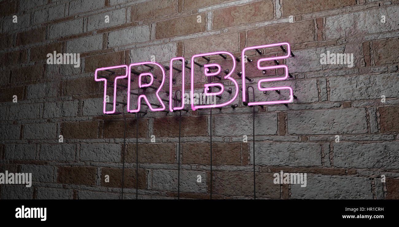 TRIBE - Glowing Neon Sign on stonework wall - 3D rendered royalty free ...