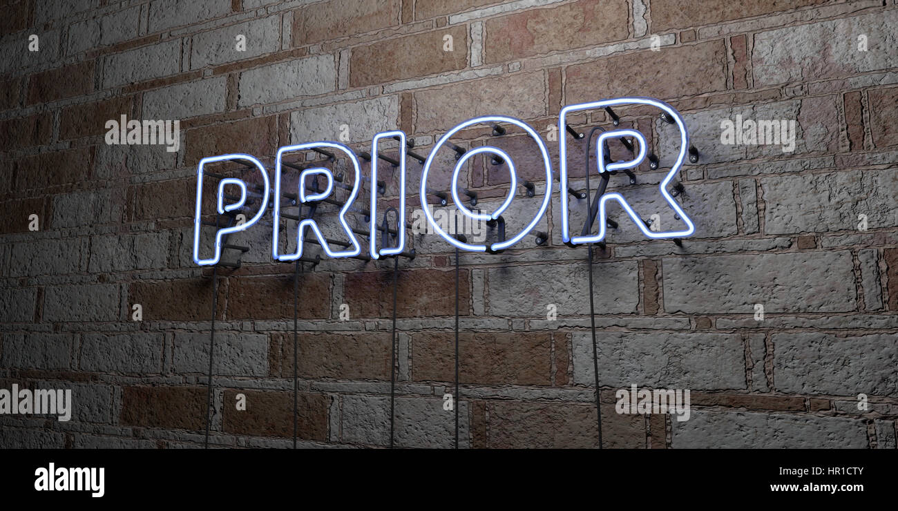 PRIOR - Glowing Neon Sign on stonework wall - 3D rendered royalty free ...