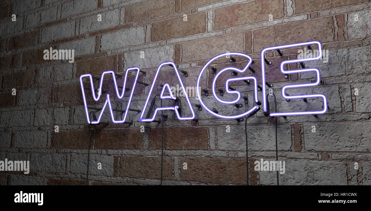 WAGE - Glowing Neon Sign on stonework wall - 3D rendered royalty free ...