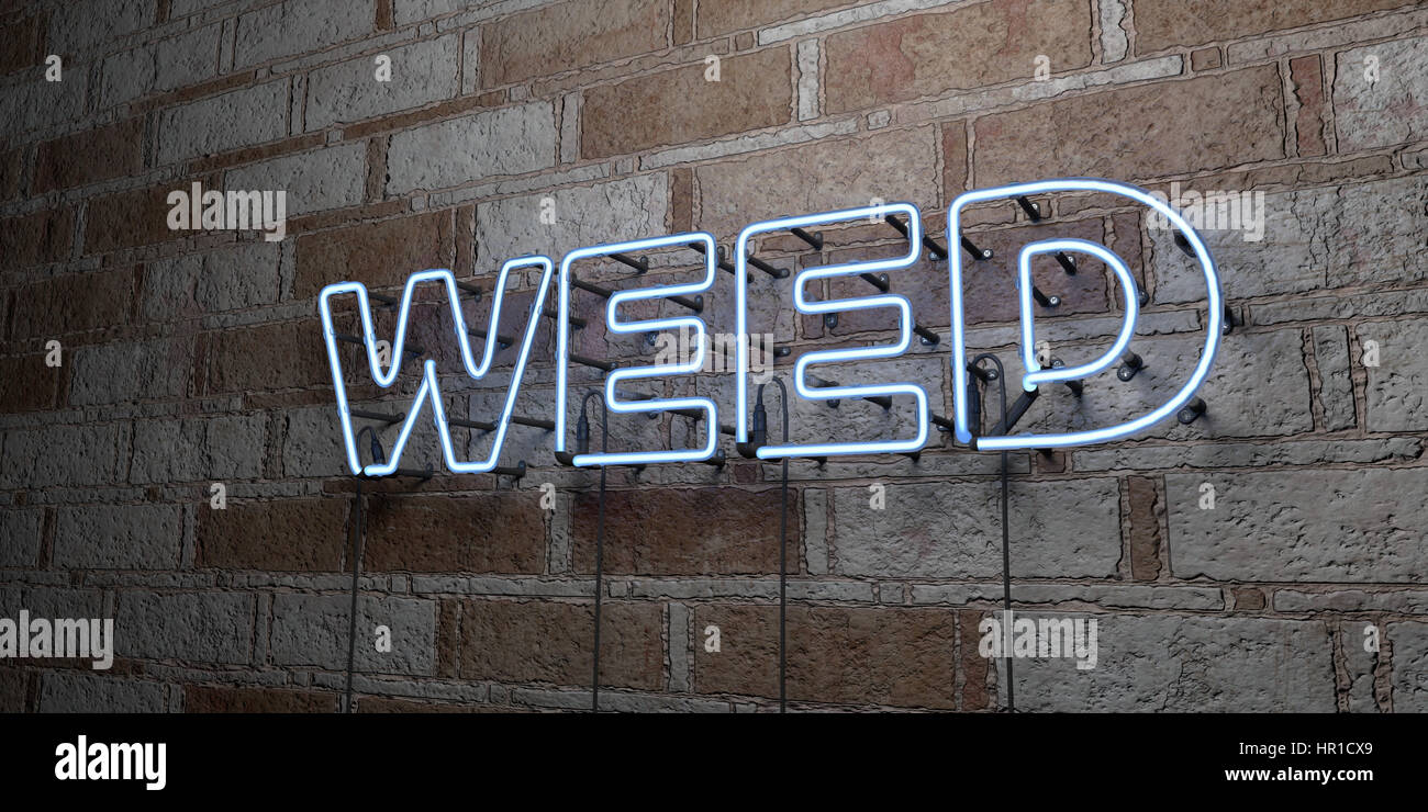 WEED - Glowing Neon Sign on stonework wall - 3D rendered royalty free ...