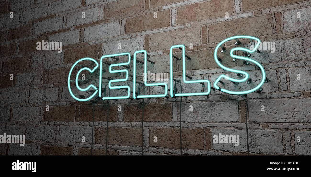 CELLS - Glowing Neon Sign on stonework wall - 3D rendered royalty free ...