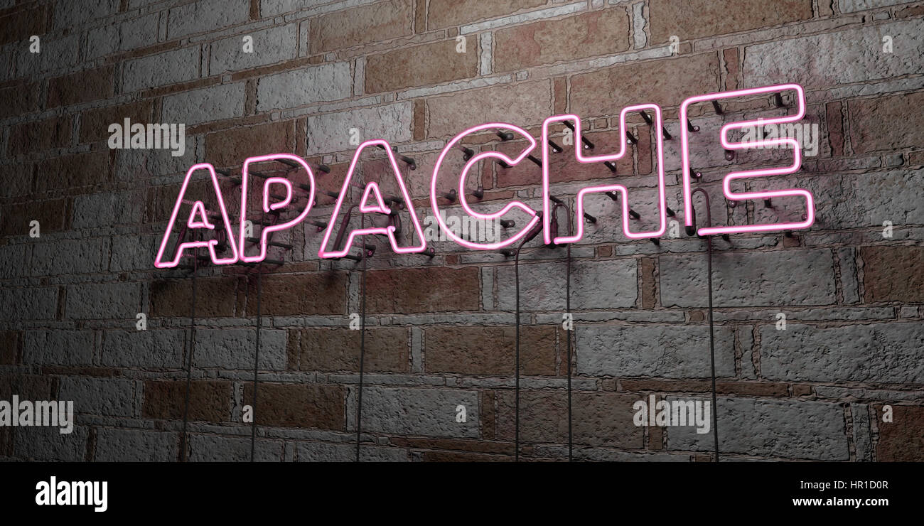 APACHE - Glowing Neon Sign on stonework wall - 3D rendered royalty free ...