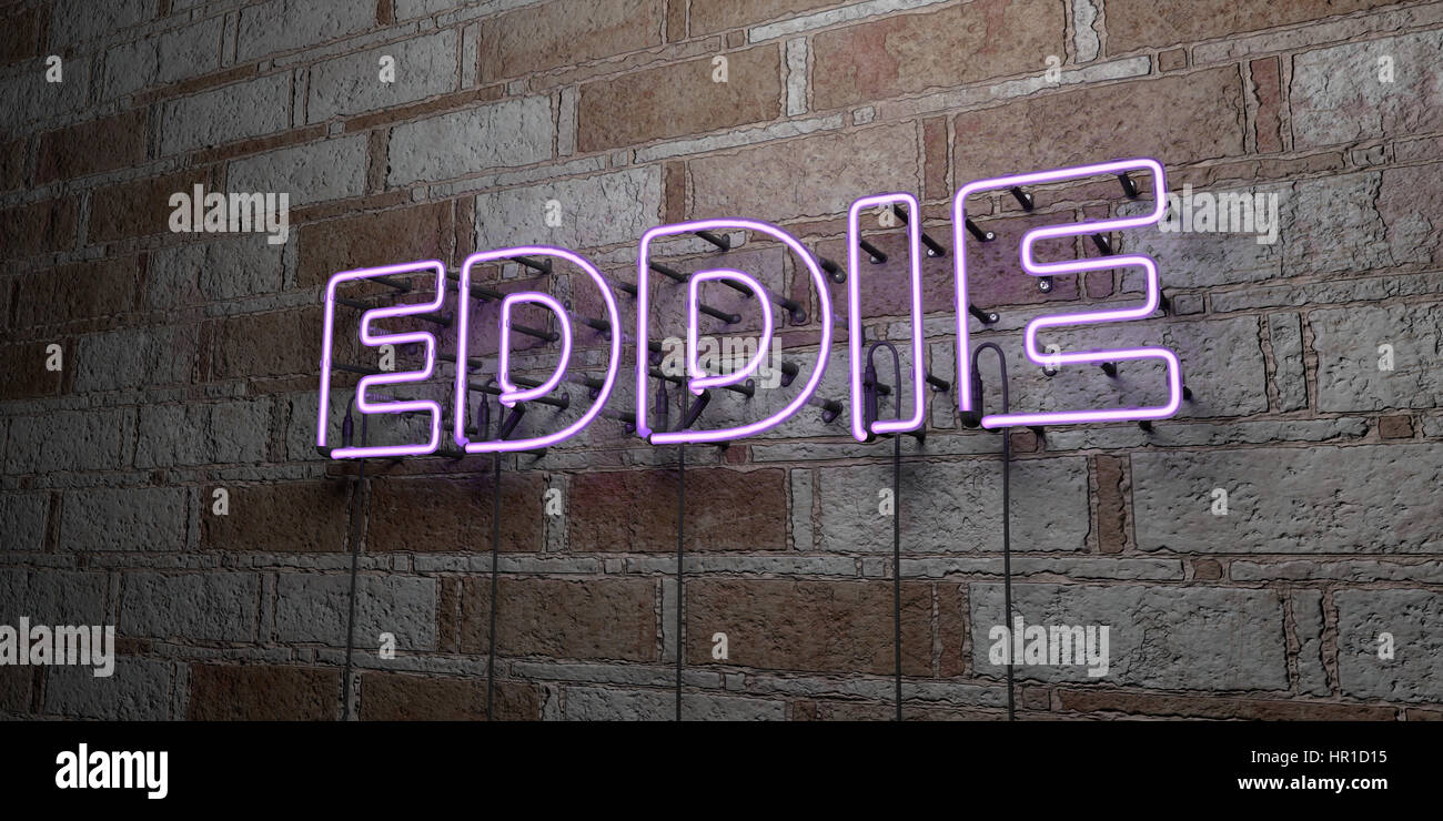EDDIE - Glowing Neon Sign on stonework wall - 3D rendered royalty free ...