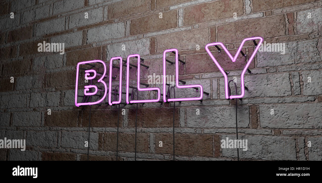 BILLY - Glowing Neon Sign on stonework wall - 3D rendered royalty free ...