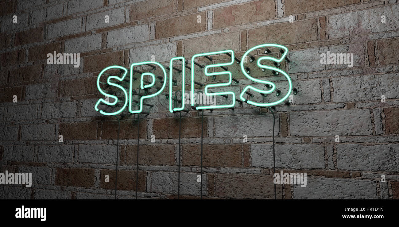 SPIES - Glowing Neon Sign on stonework wall - 3D rendered royalty free ...