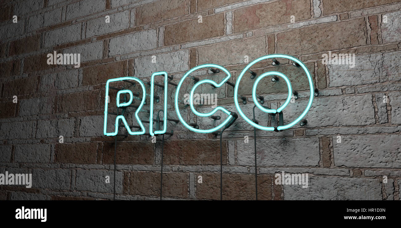RICO - Glowing Neon Sign on stonework wall - 3D rendered royalty free ...