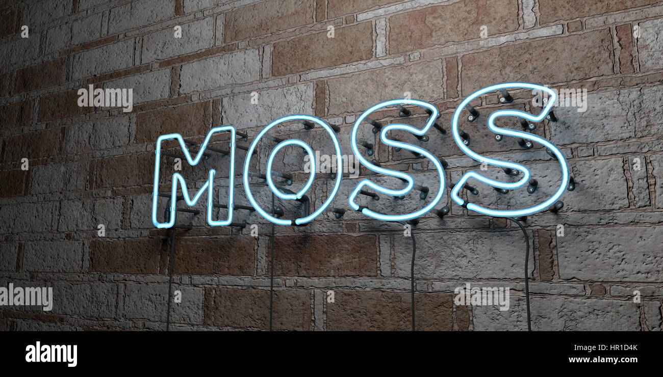 MOSS - Glowing Neon Sign on stonework wall - 3D rendered royalty free ...