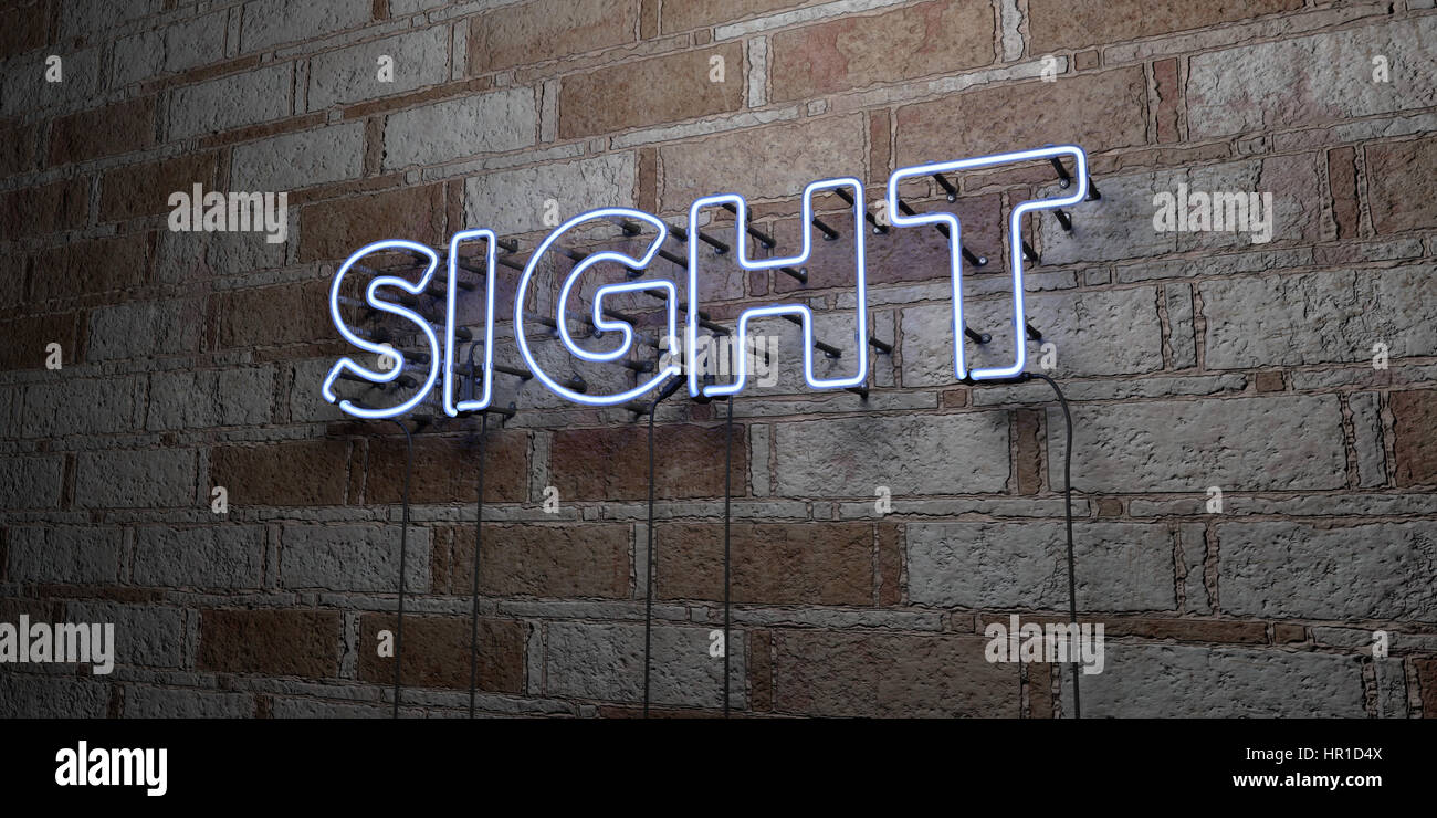 SIGHT - Glowing Neon Sign on stonework wall - 3D rendered royalty free ...