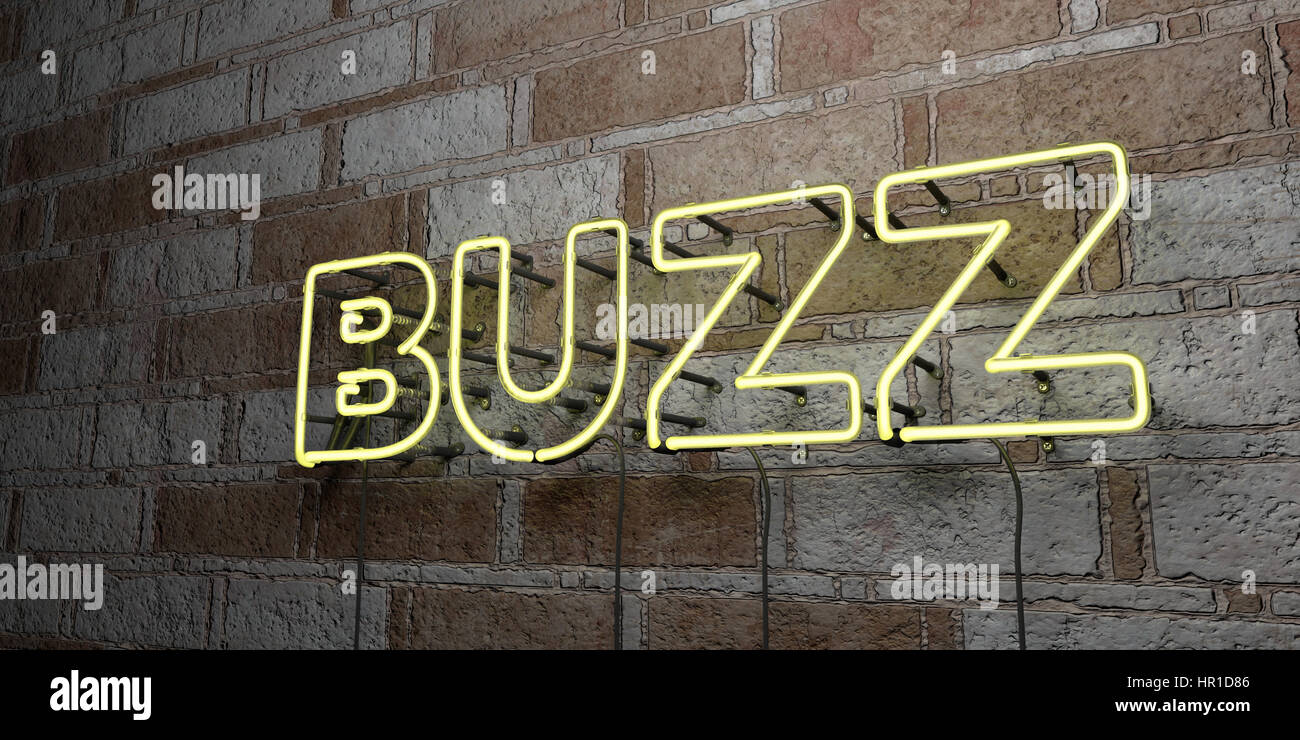 BUZZ - Glowing Neon Sign on stonework wall - 3D rendered royalty free ...