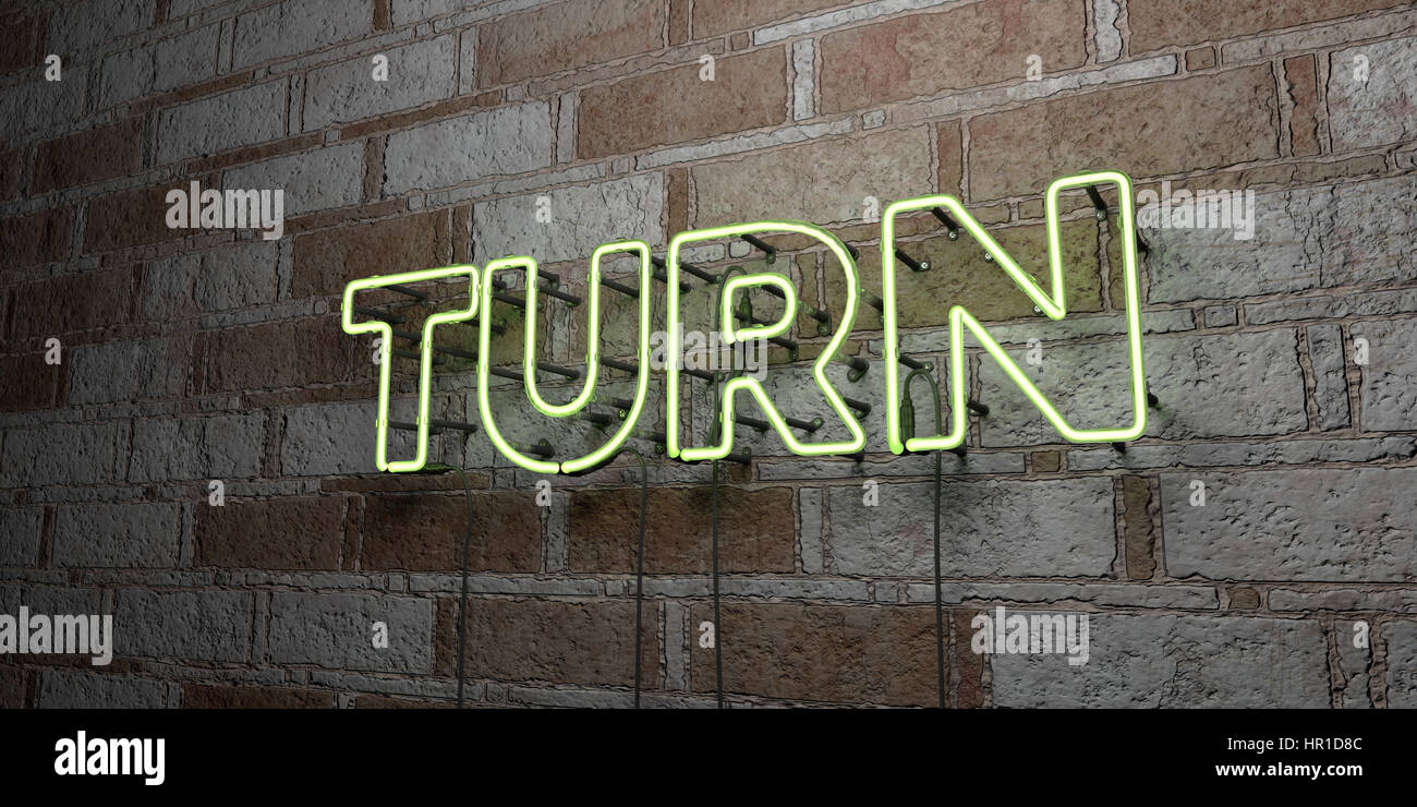 TURN - Glowing Neon Sign on stonework wall - 3D rendered royalty free ...