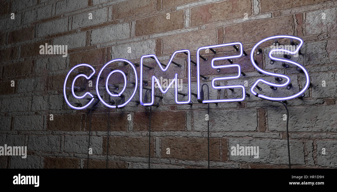 COMES - Glowing Neon Sign on stonework wall - 3D rendered royalty free ...