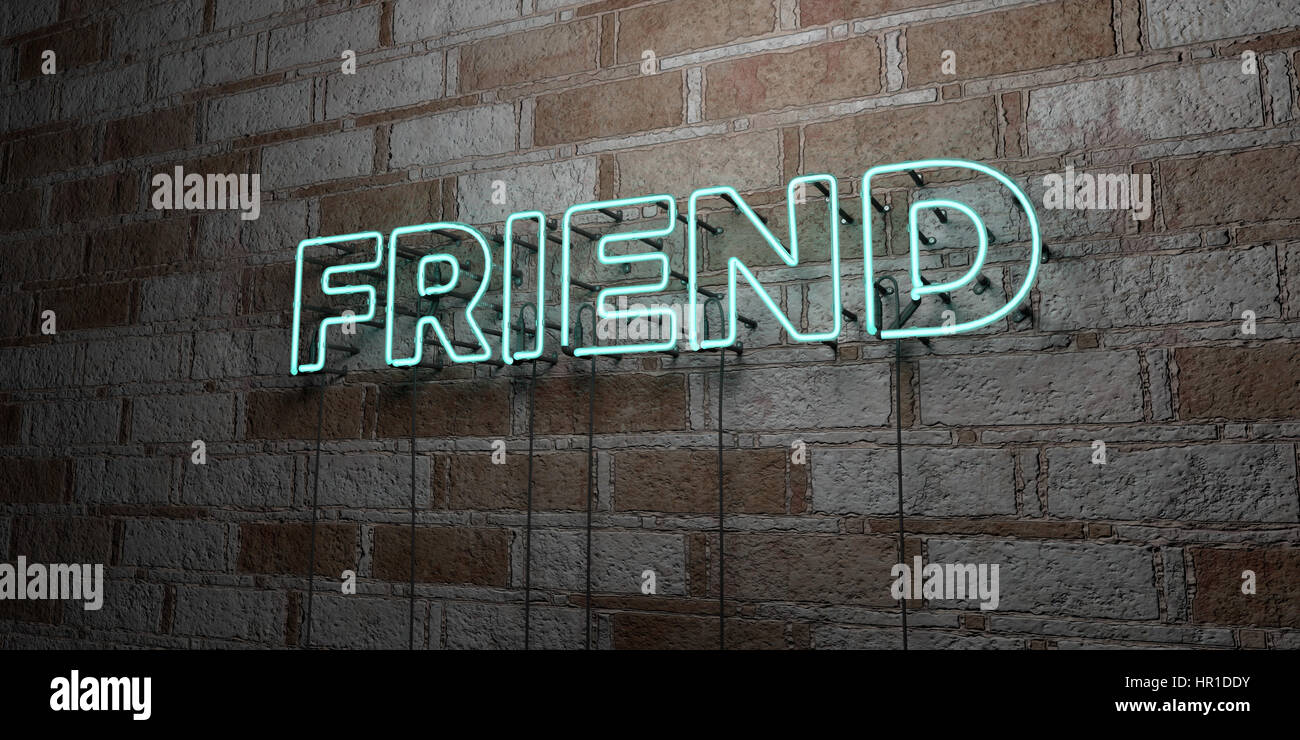 FRIEND - Glowing Neon Sign on stonework wall - 3D rendered royalty free ...