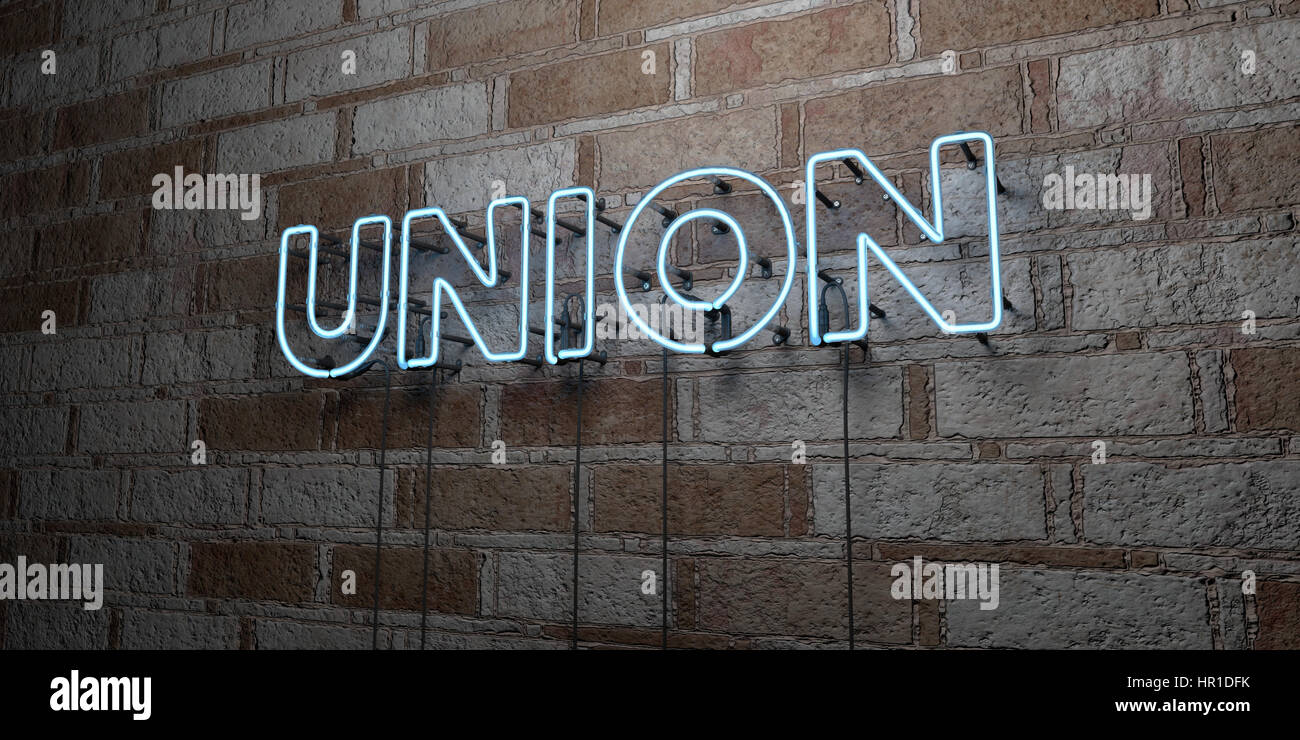 UNION - Glowing Neon Sign on stonework wall - 3D rendered royalty free ...