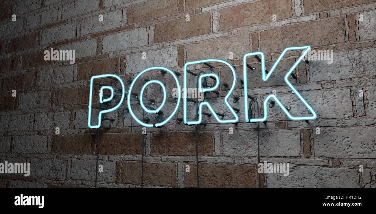 PORK - Glowing Neon Sign on stonework wall - 3D rendered royalty free ...