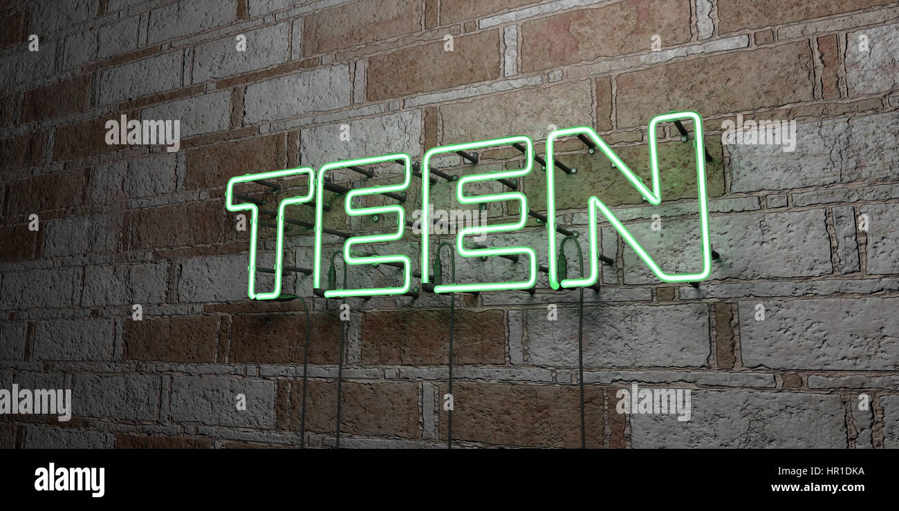 TEEN - Glowing Neon Sign on stonework wall - 3D rendered royalty free ...
