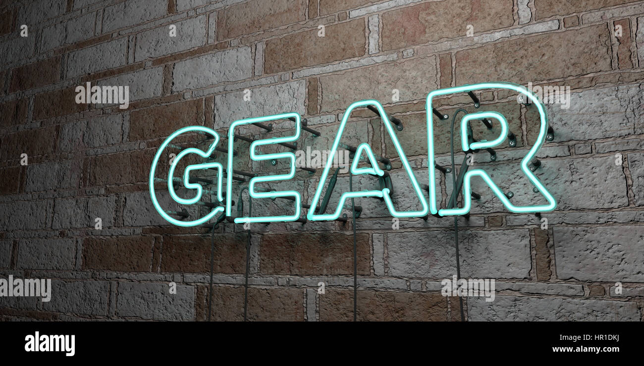 GEAR - Glowing Neon Sign on stonework wall - 3D rendered royalty free ...