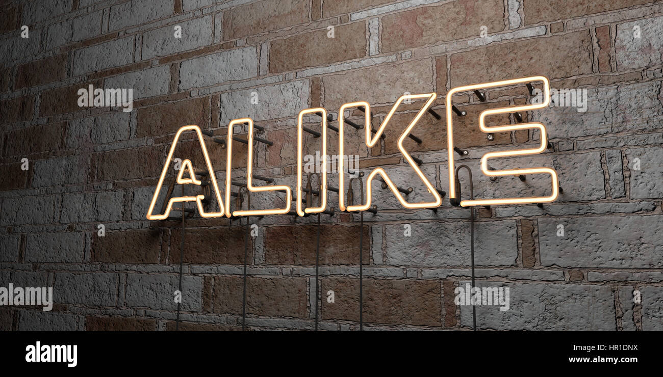 ALIKE - Glowing Neon Sign on stonework wall - 3D rendered royalty free ...