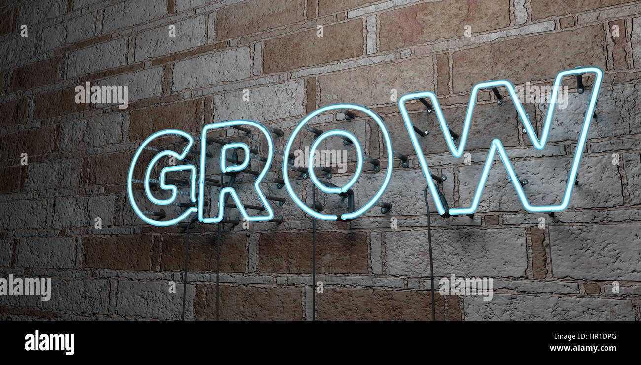 GROW - Glowing Neon Sign on stonework wall - 3D rendered royalty free ...