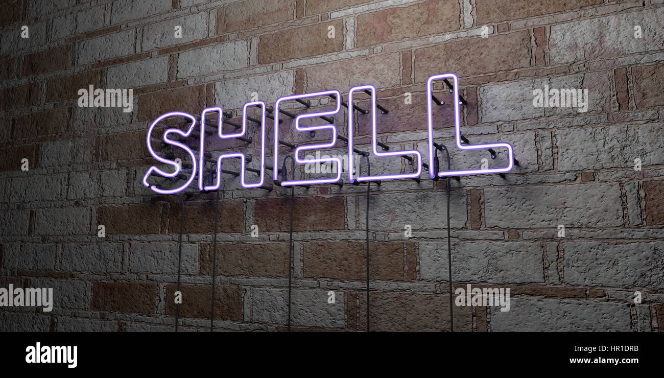SHELL - Glowing Neon Sign on stonework wall - 3D rendered royalty free ...