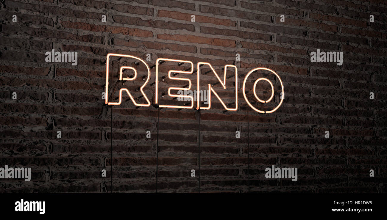 RENO -Realistic Neon Sign on Brick Wall background - 3D rendered ...
