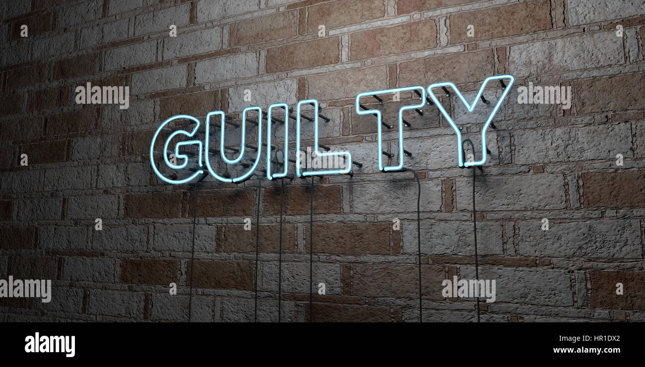 GUILTY - Glowing Neon Sign on stonework wall - 3D rendered royalty free ...