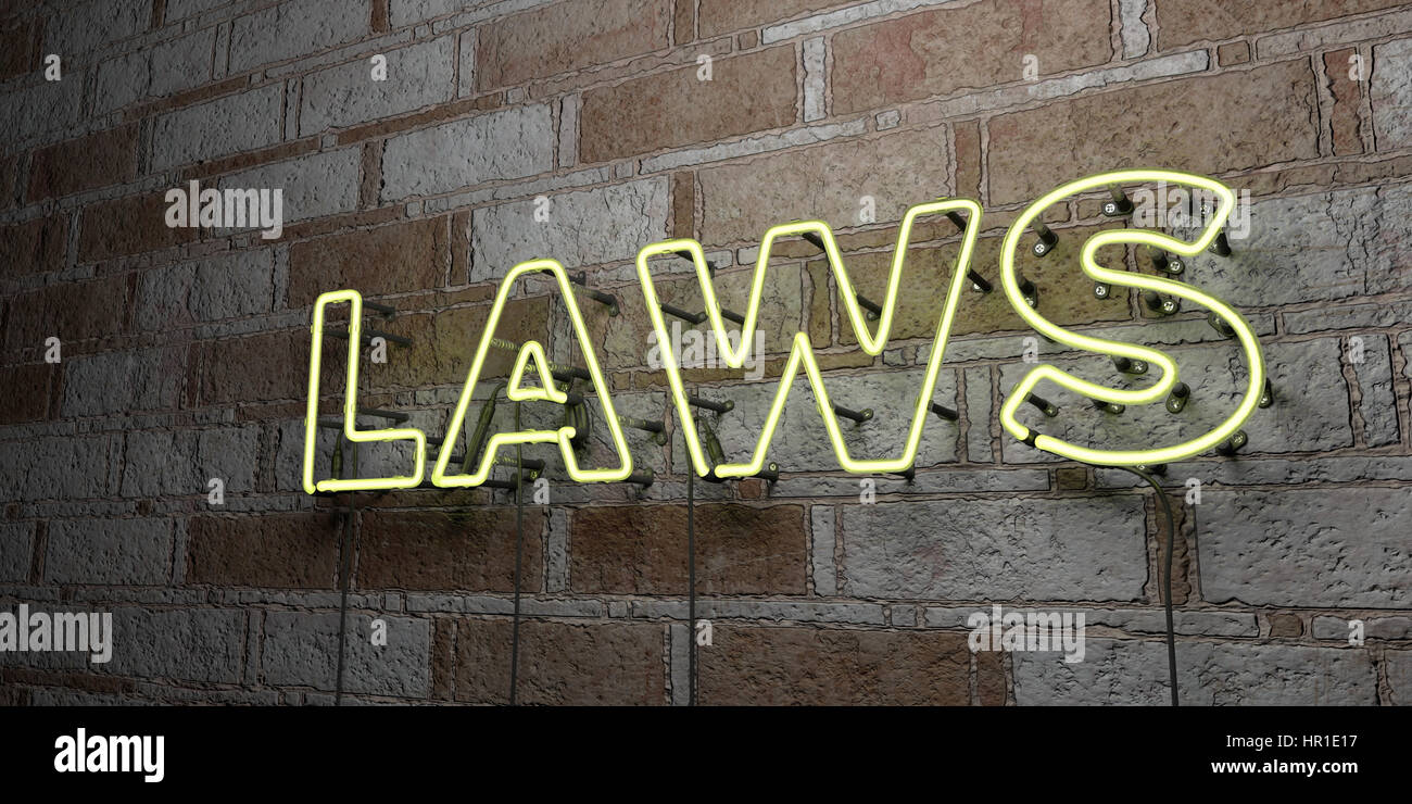 LAWS - Glowing Neon Sign on stonework wall - 3D rendered royalty free ...