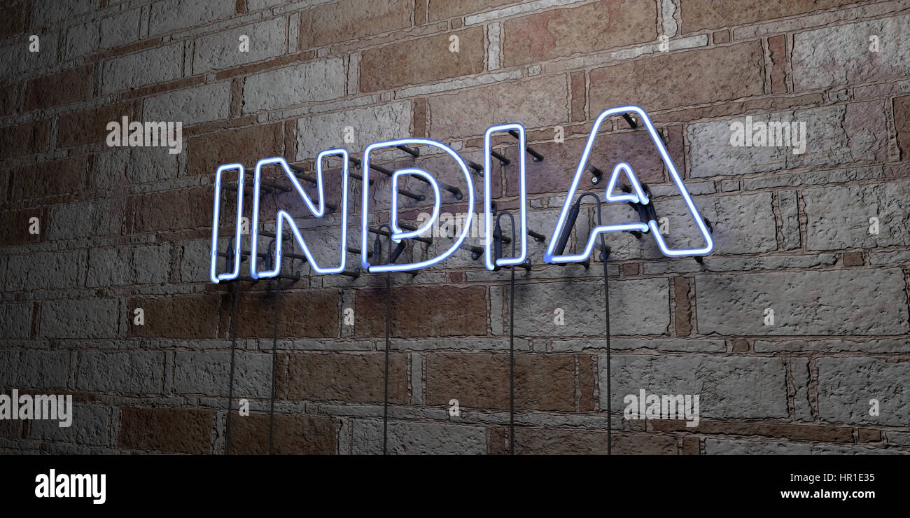 INDIA - Glowing Neon Sign on stonework wall - 3D rendered royalty free ...