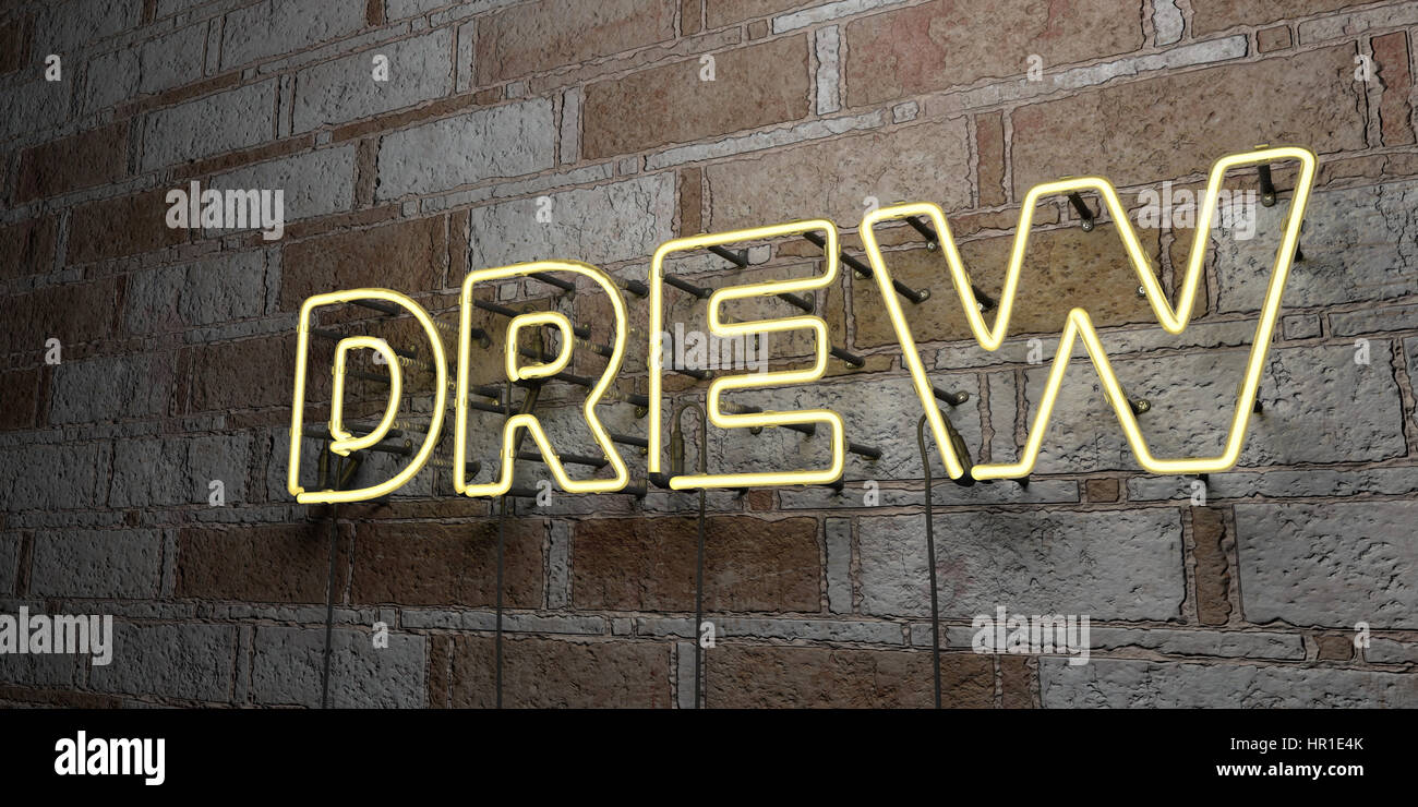 DREW - Glowing Neon Sign on stonework wall - 3D rendered royalty free ...