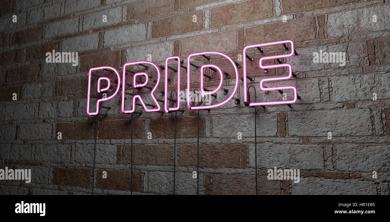 PRIDE - Glowing Neon Sign on stonework wall - 3D rendered royalty free ...