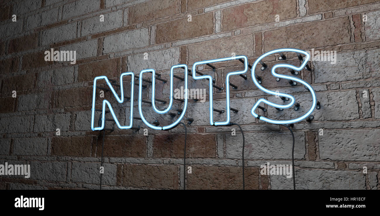 NUTS - Glowing Neon Sign on stonework wall - 3D rendered royalty free ...