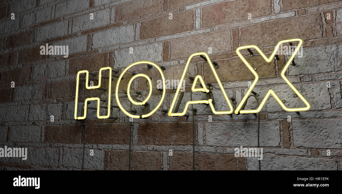 HOAX - Glowing Neon Sign on stonework wall - 3D rendered royalty free ...