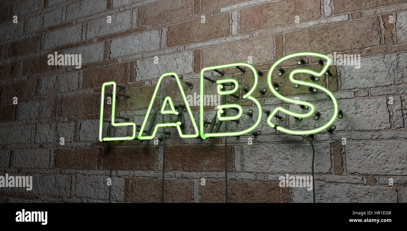 LABS - Glowing Neon Sign on stonework wall - 3D rendered royalty free ...