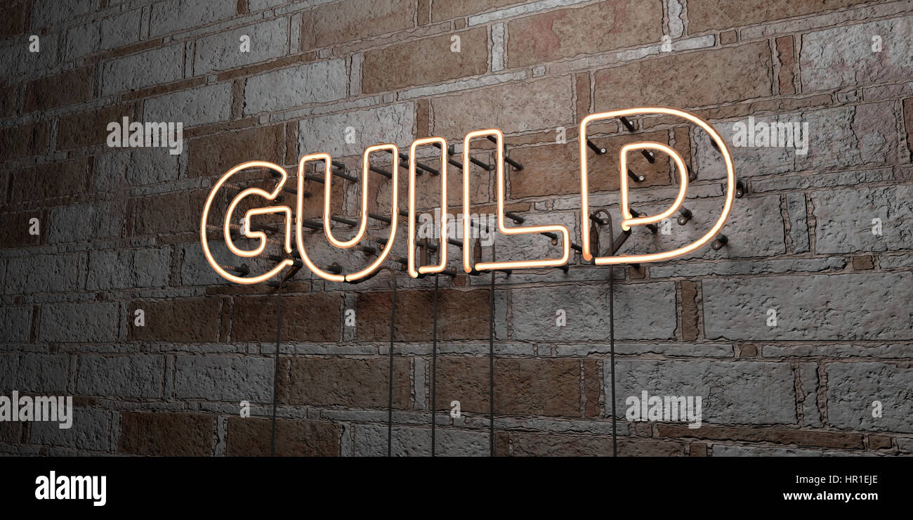 GUILD - Glowing Neon Sign on stonework wall - 3D rendered royalty free ...