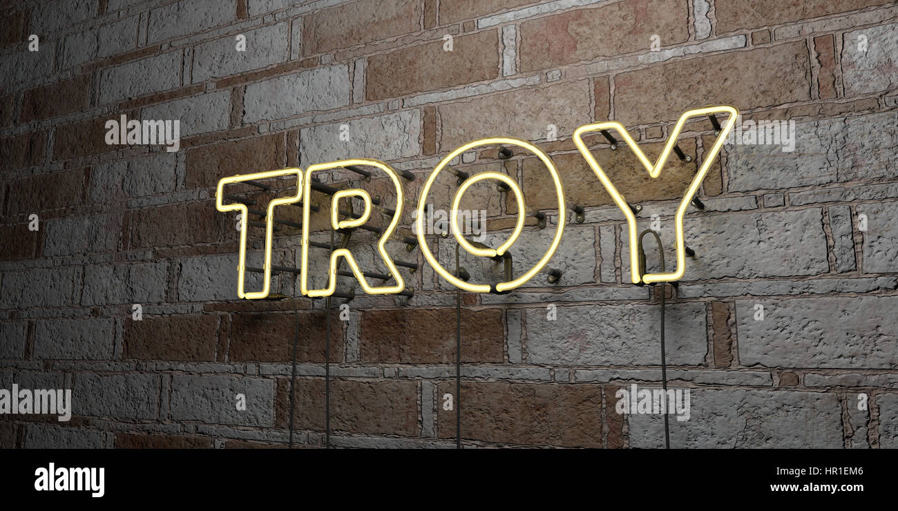 TROY - Glowing Neon Sign on stonework wall - 3D rendered royalty free ...