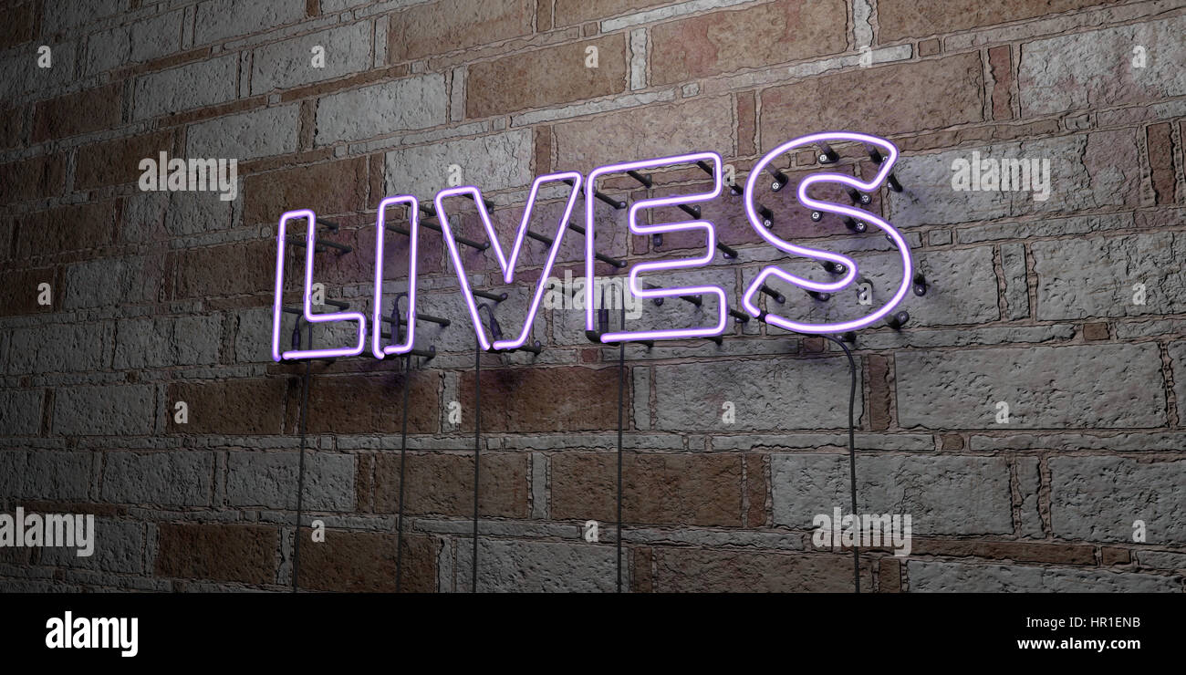 LIVES - Glowing Neon Sign on stonework wall - 3D rendered royalty free ...