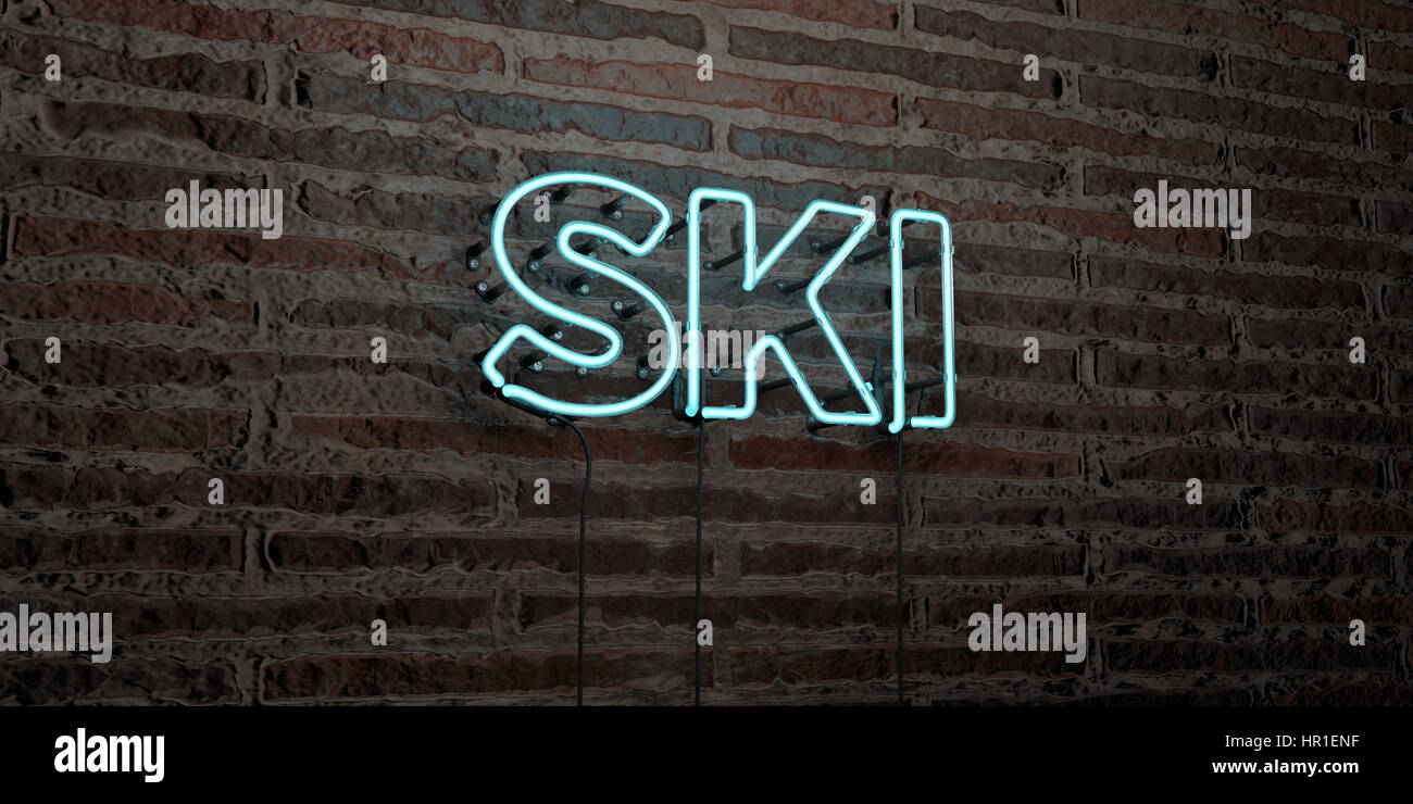 SKI -Realistic Neon Sign on Brick Wall background - 3D rendered royalty ...