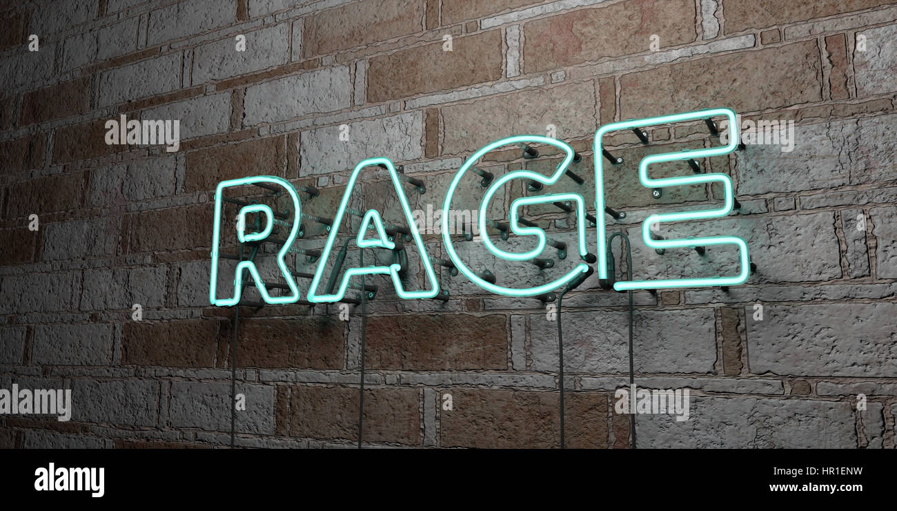 RAGE - Glowing Neon Sign on stonework wall - 3D rendered royalty free ...