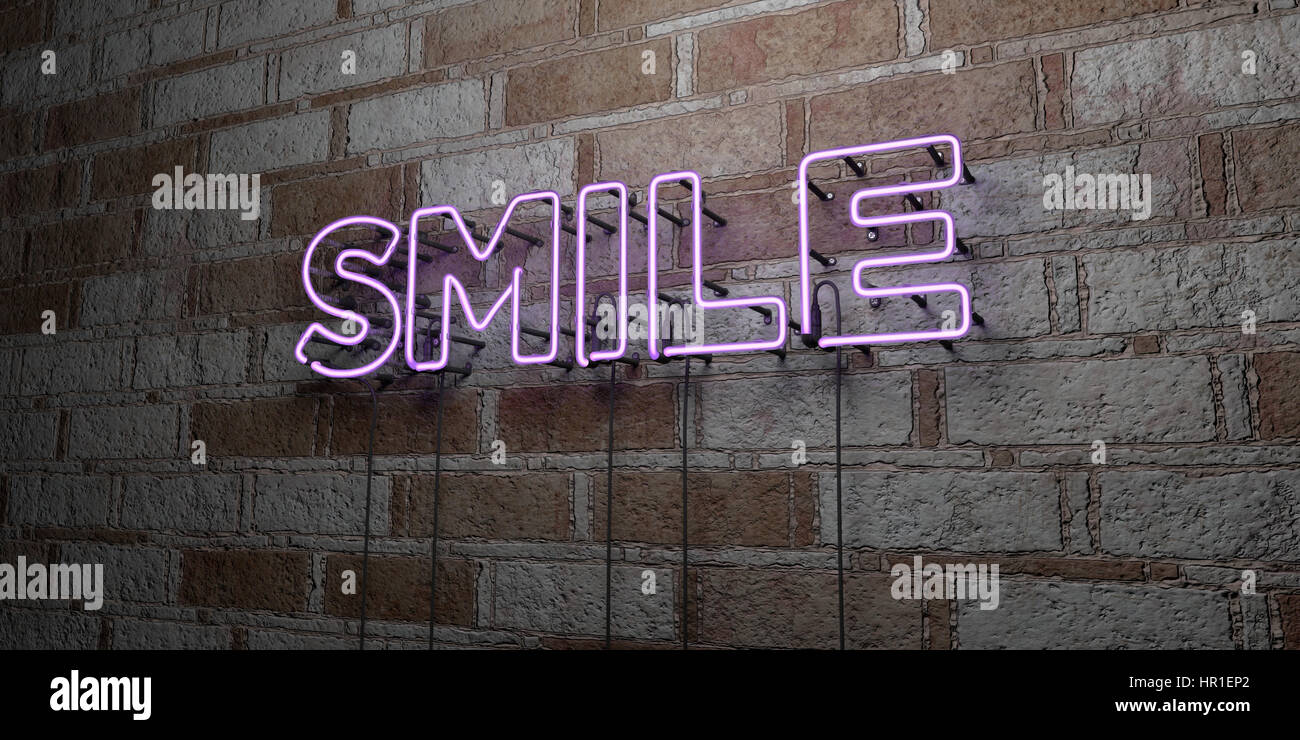 SMILE - Glowing Neon Sign on stonework wall - 3D rendered royalty free ...