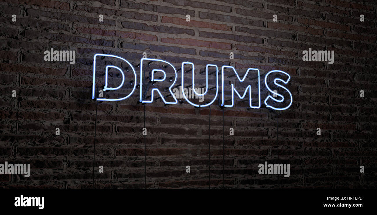 DRUMS -Realistic Neon Sign on Brick Wall background - 3D rendered ...