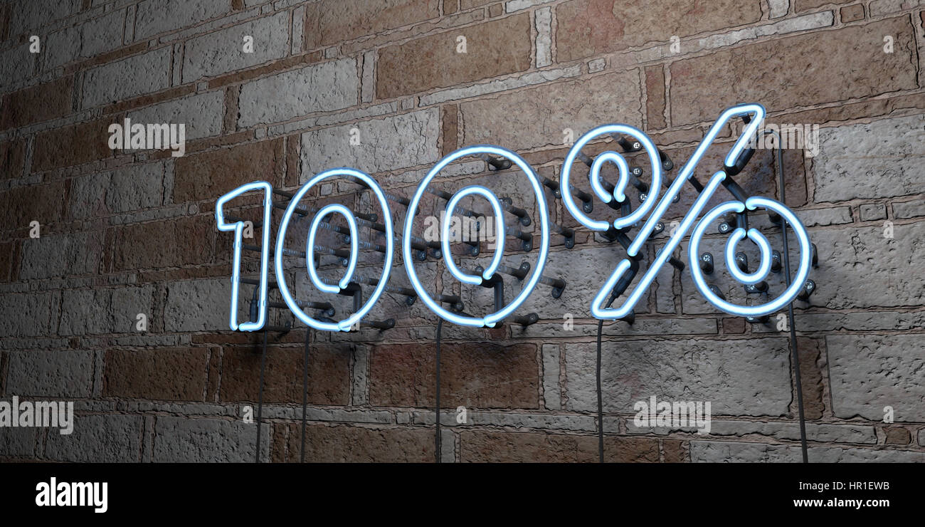 100% - Glowing Neon Sign on stonework wall - 3D rendered royalty free ...