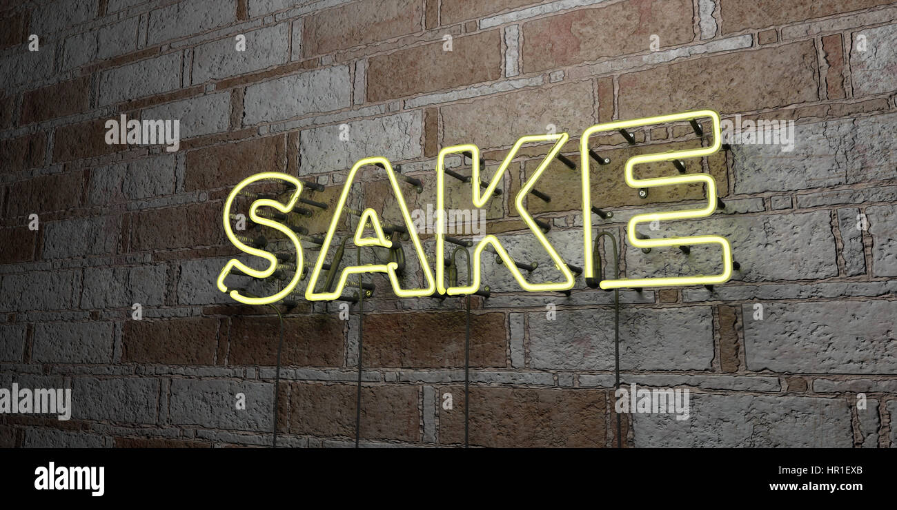 SAKE - Glowing Neon Sign on stonework wall - 3D rendered royalty free ...