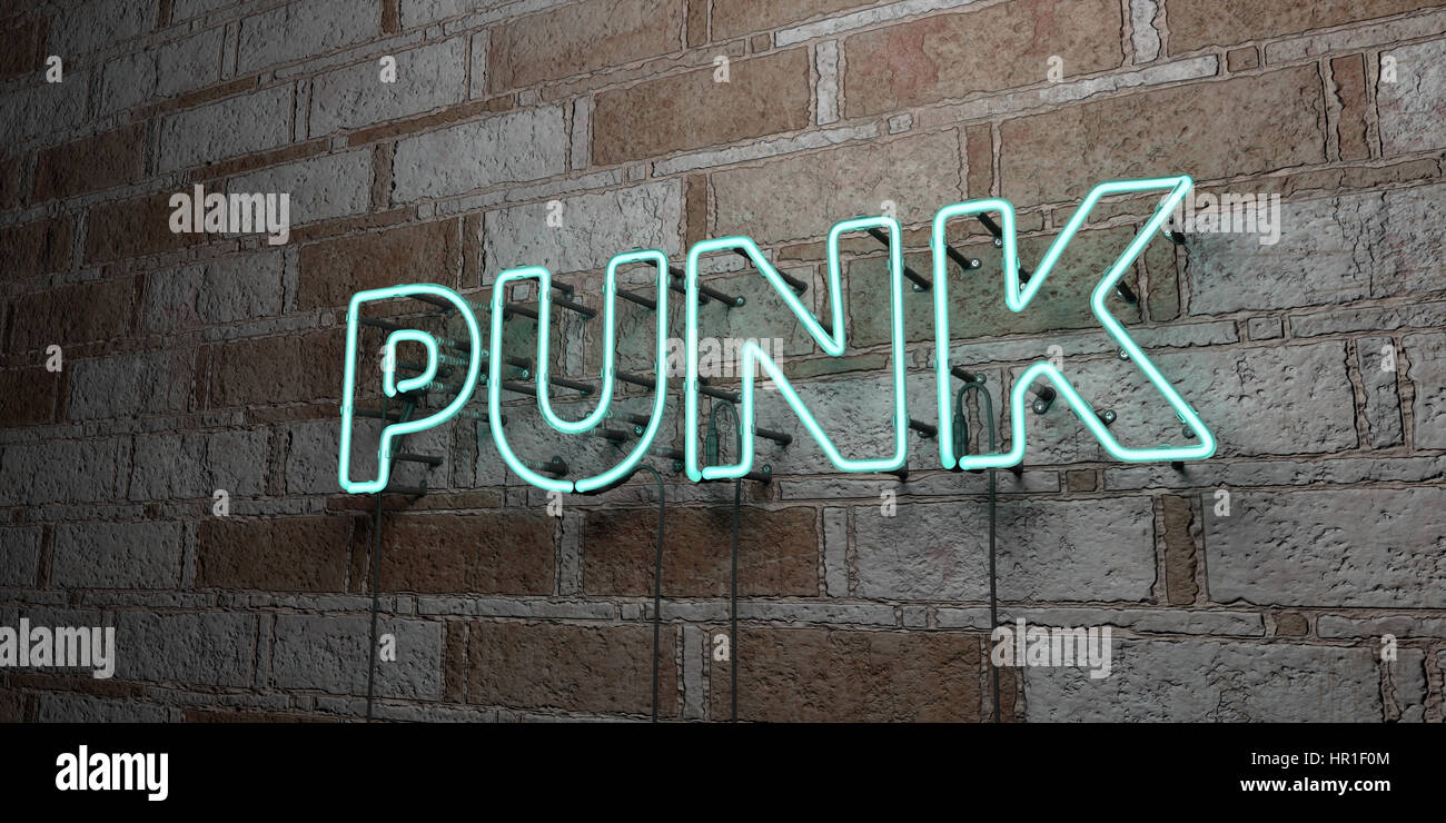 PUNK - Glowing Neon Sign on stonework wall - 3D rendered royalty free ...