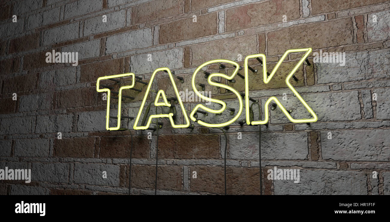 TASK - Glowing Neon Sign on stonework wall - 3D rendered royalty free ...