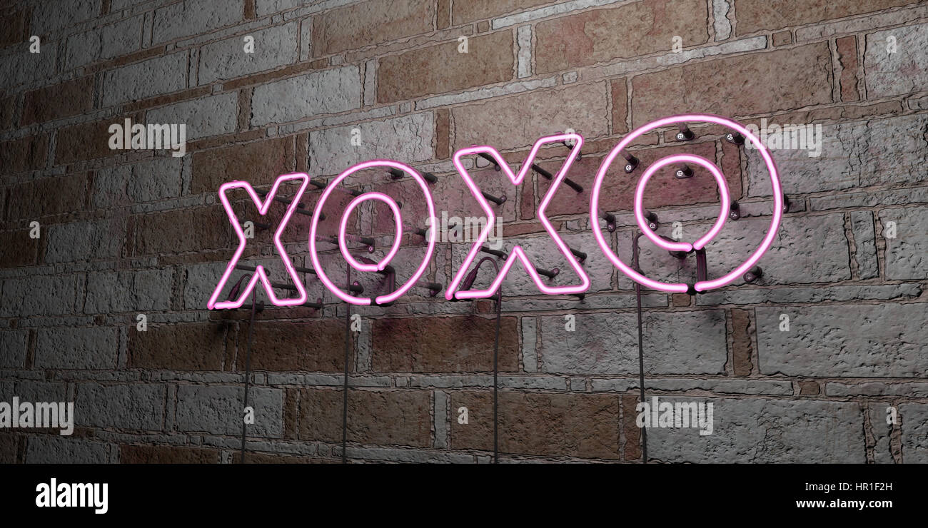 XOXO - Glowing Neon Sign on stonework wall - 3D rendered royalty free ...
