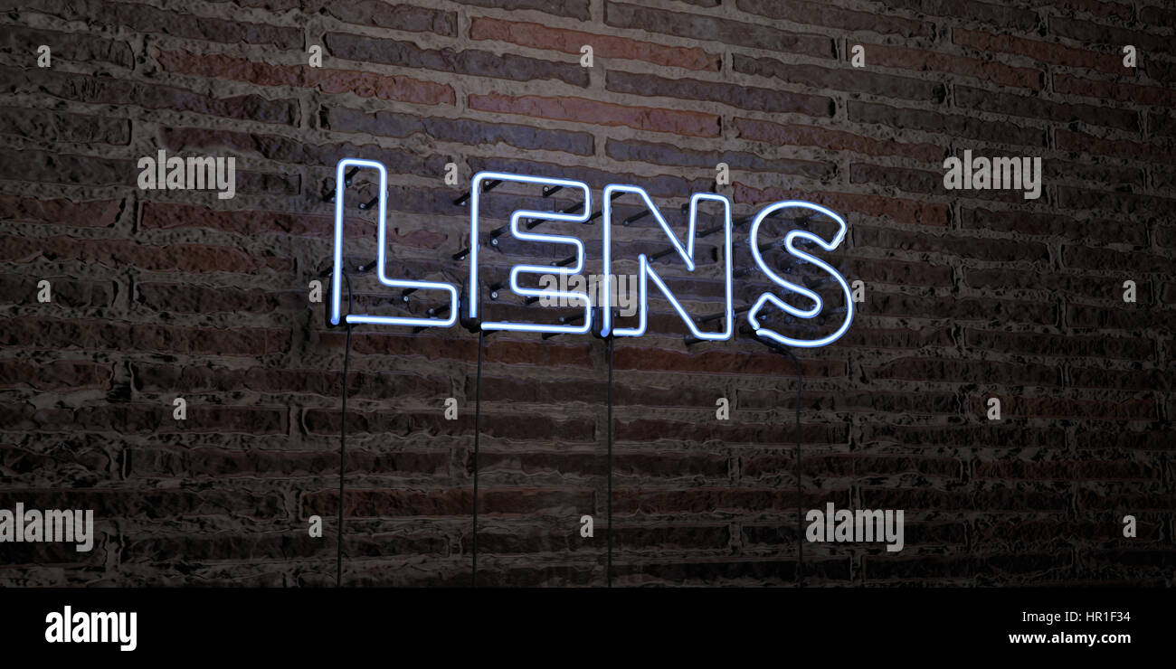 LENS -Realistic Neon Sign on Brick Wall background - 3D rendered ...