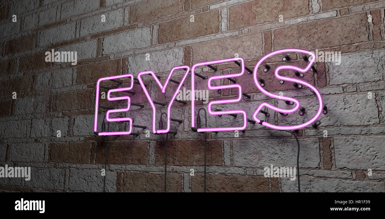 EYES - Glowing Neon Sign on stonework wall - 3D rendered royalty free ...