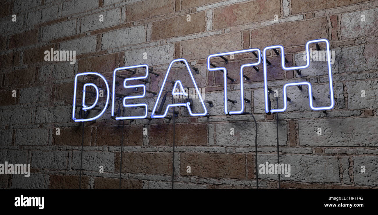 DEATH - Glowing Neon Sign on stonework wall - 3D rendered royalty free ...